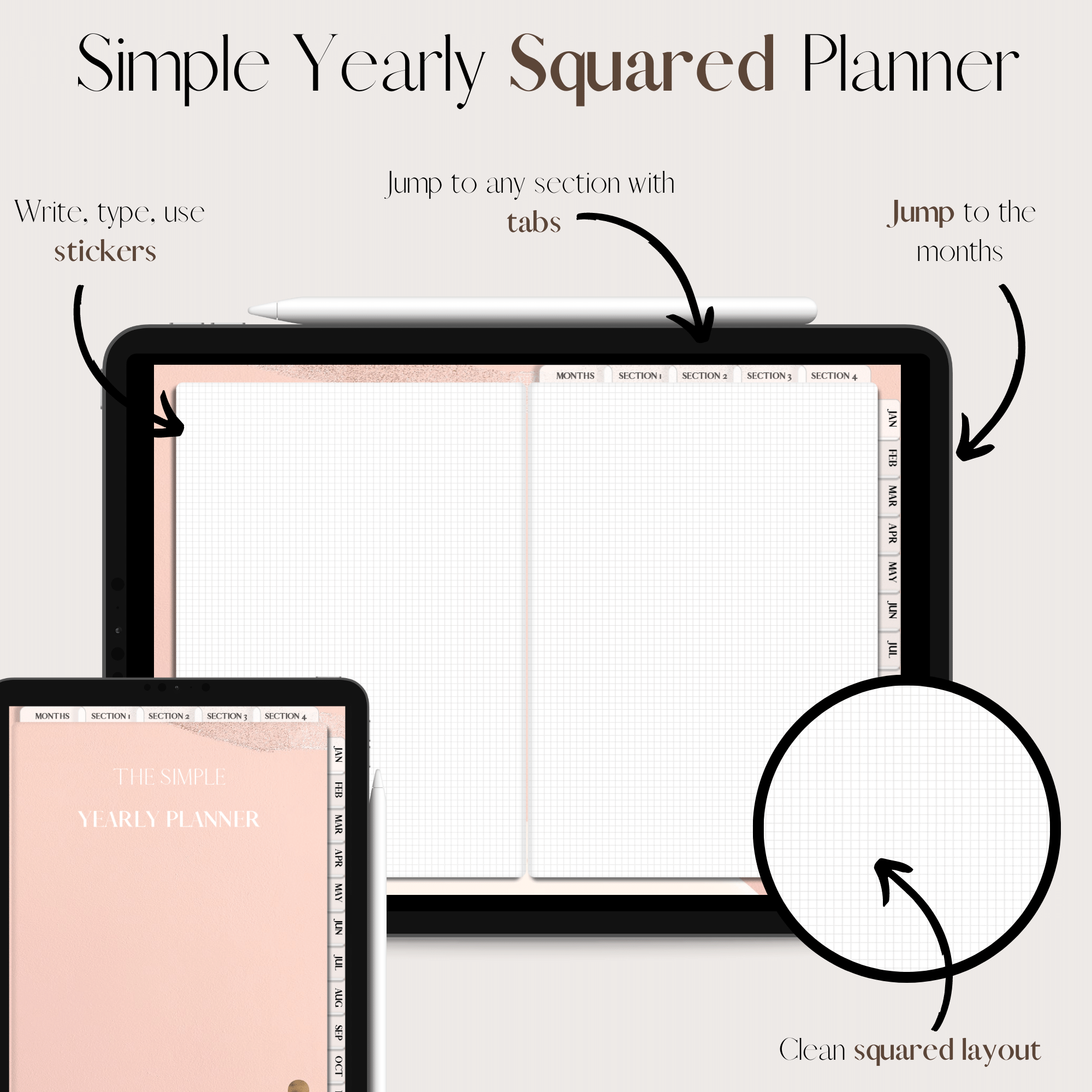 The Simple Yearly Planner In Pink Sparkle | Squared | Small Squares ...