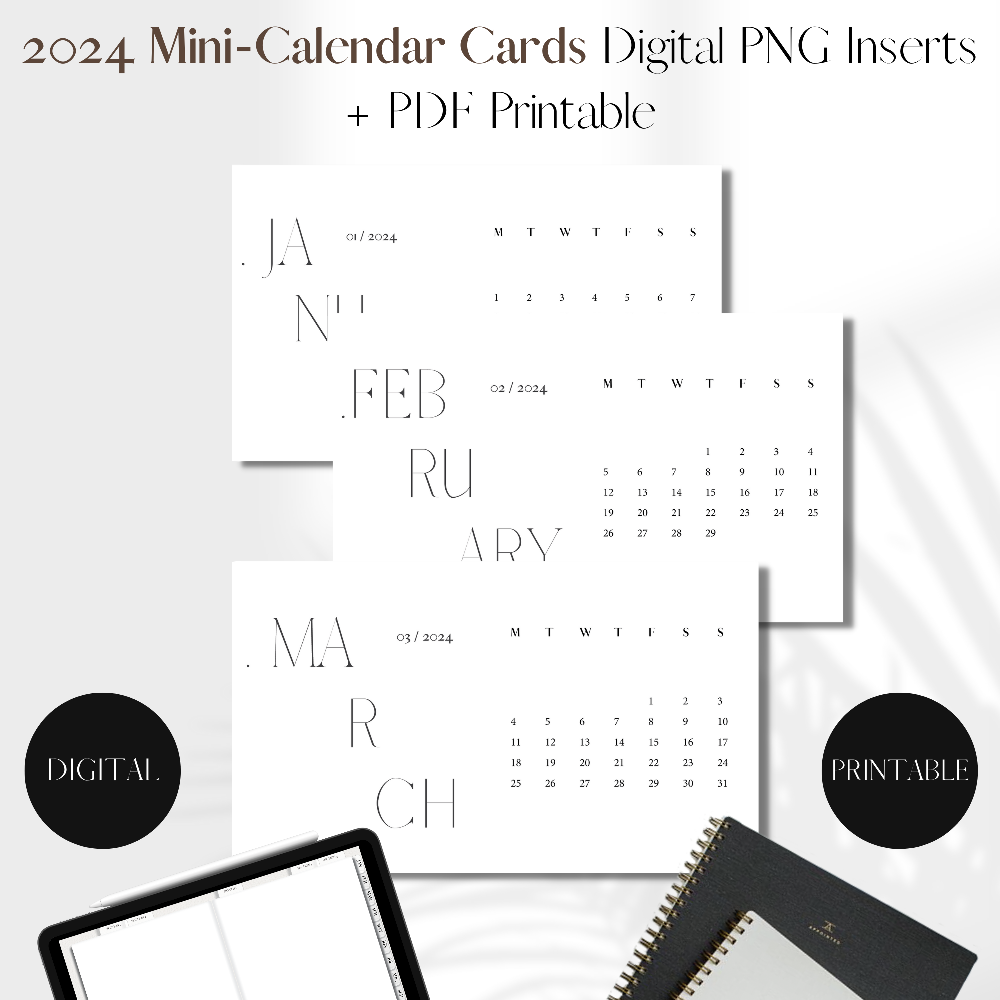 2024 Mini-Calendar Cards THIN Style | PNG Digital + PDF Printable ...