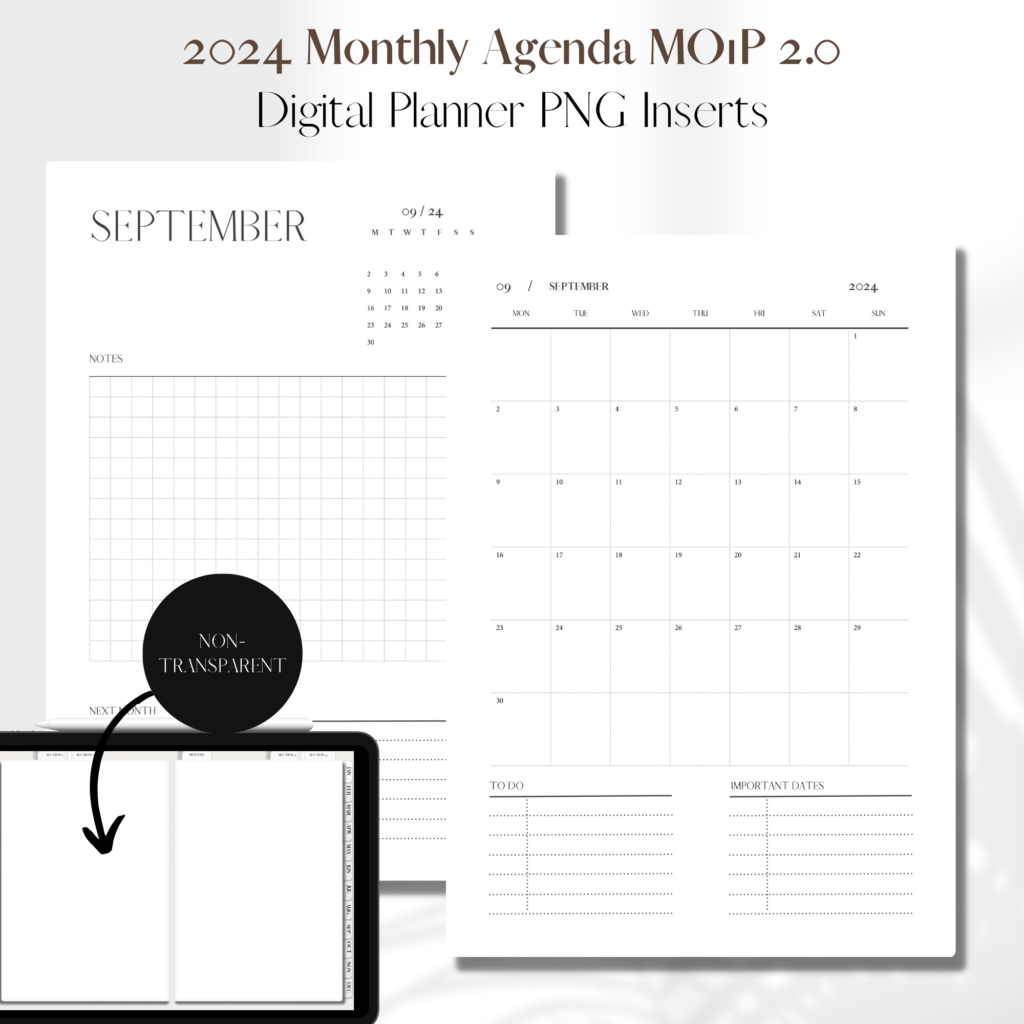 2024 Month on 2 pages DATED V2 | Digital Planner PNG Inserts | White ...