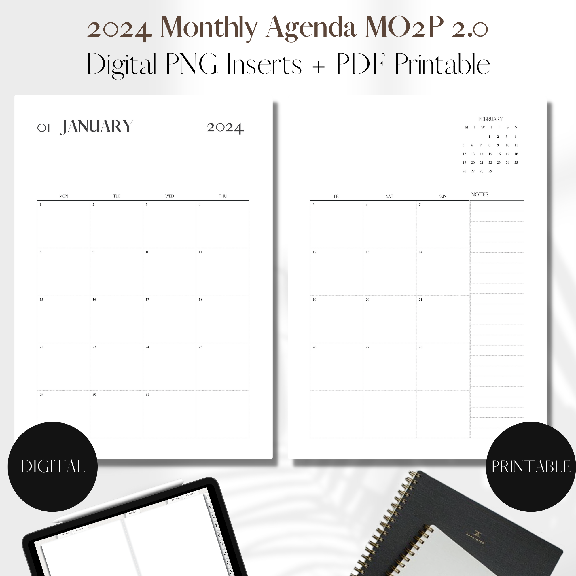 2024 Month On 2 Pages DATED | PNG Digital + PDF Printable Planner ...