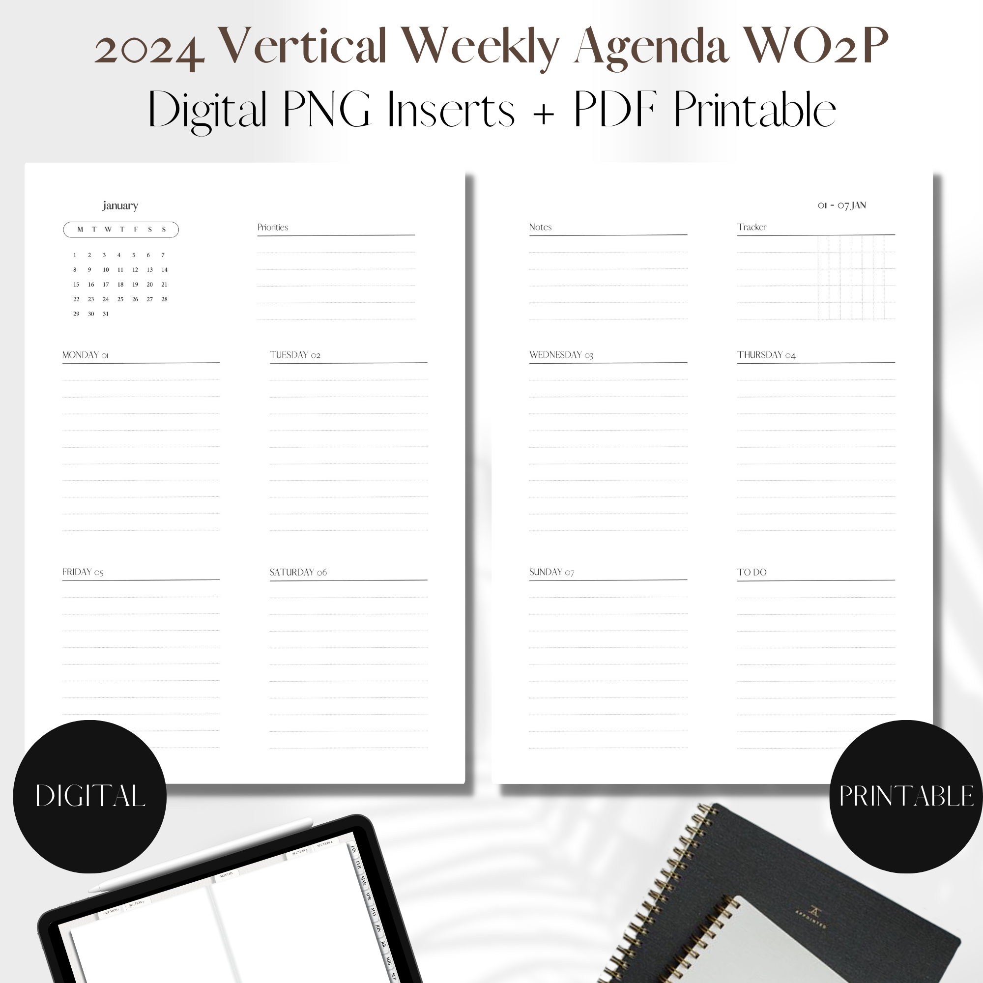 2024 Vertical Weekly Agenda DATED | PNG Digital + PDF Printable Planner ...