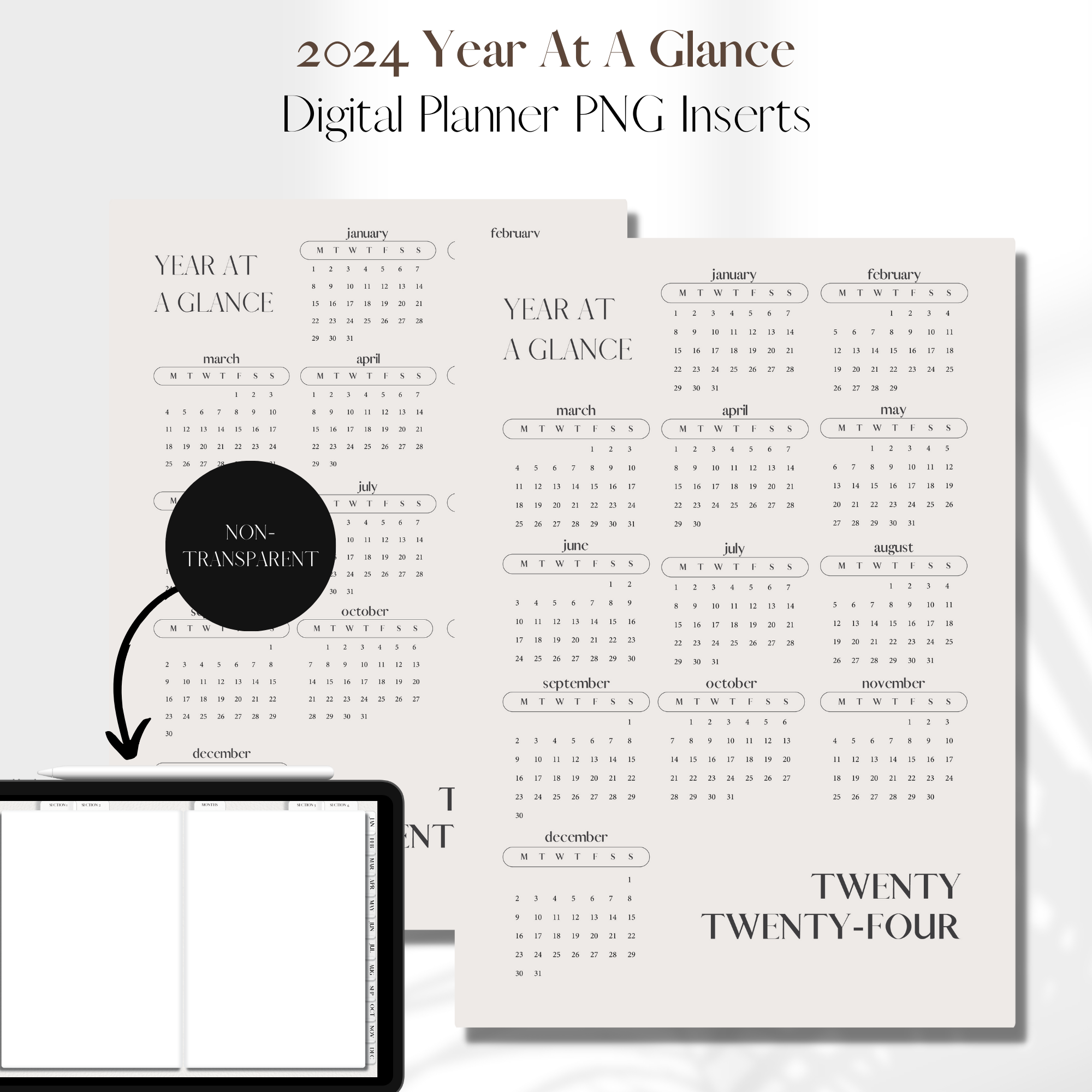 2024 Year At A Glance V1 | Digital Planner PNG Inserts | Beige Non ...