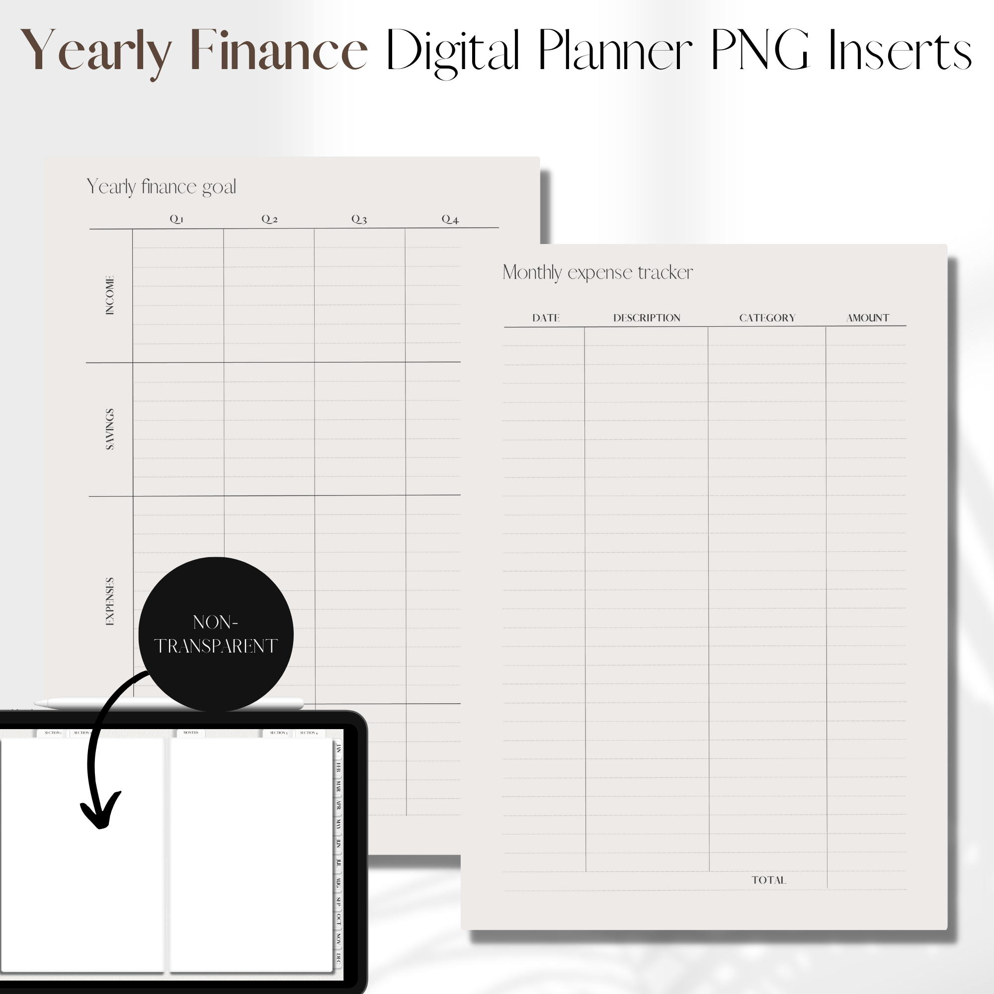 Finance Planner Undated | Digital Planner PNG Inserts | Beige Non ...