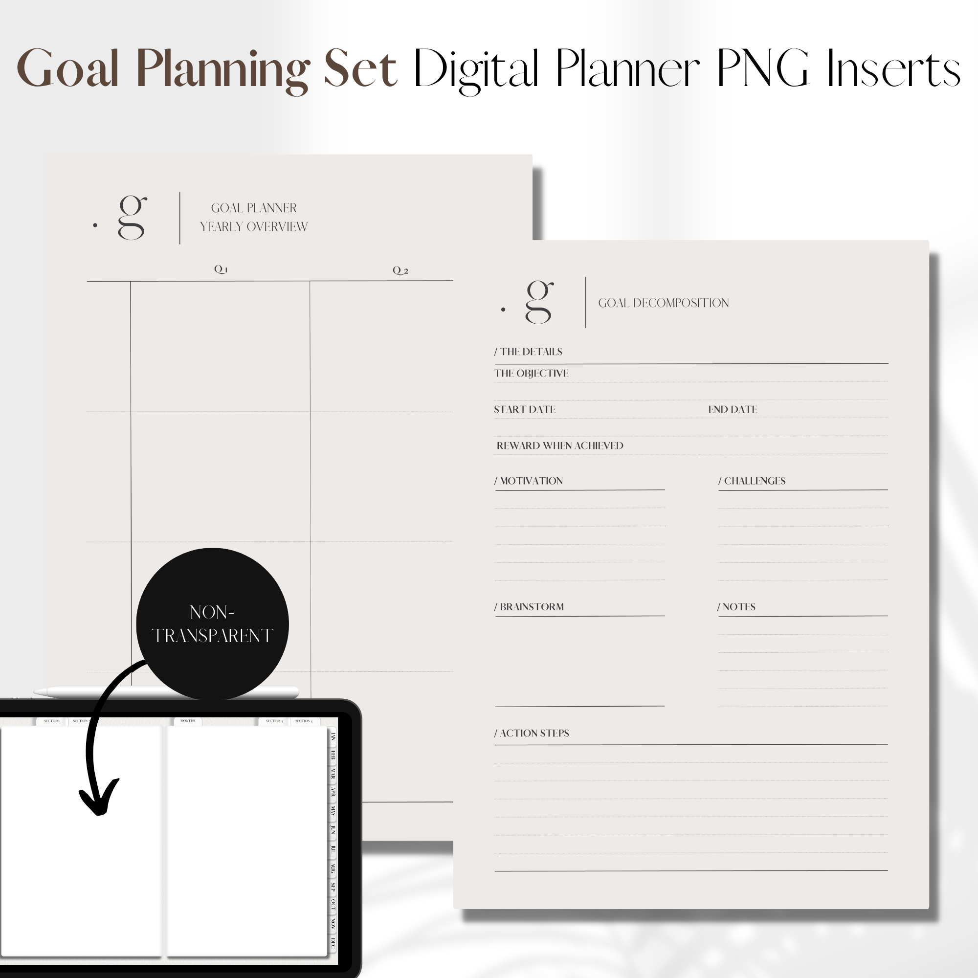 Goal Planner UNDATED | Digital Planner PNG Inserts | Beige Non ...