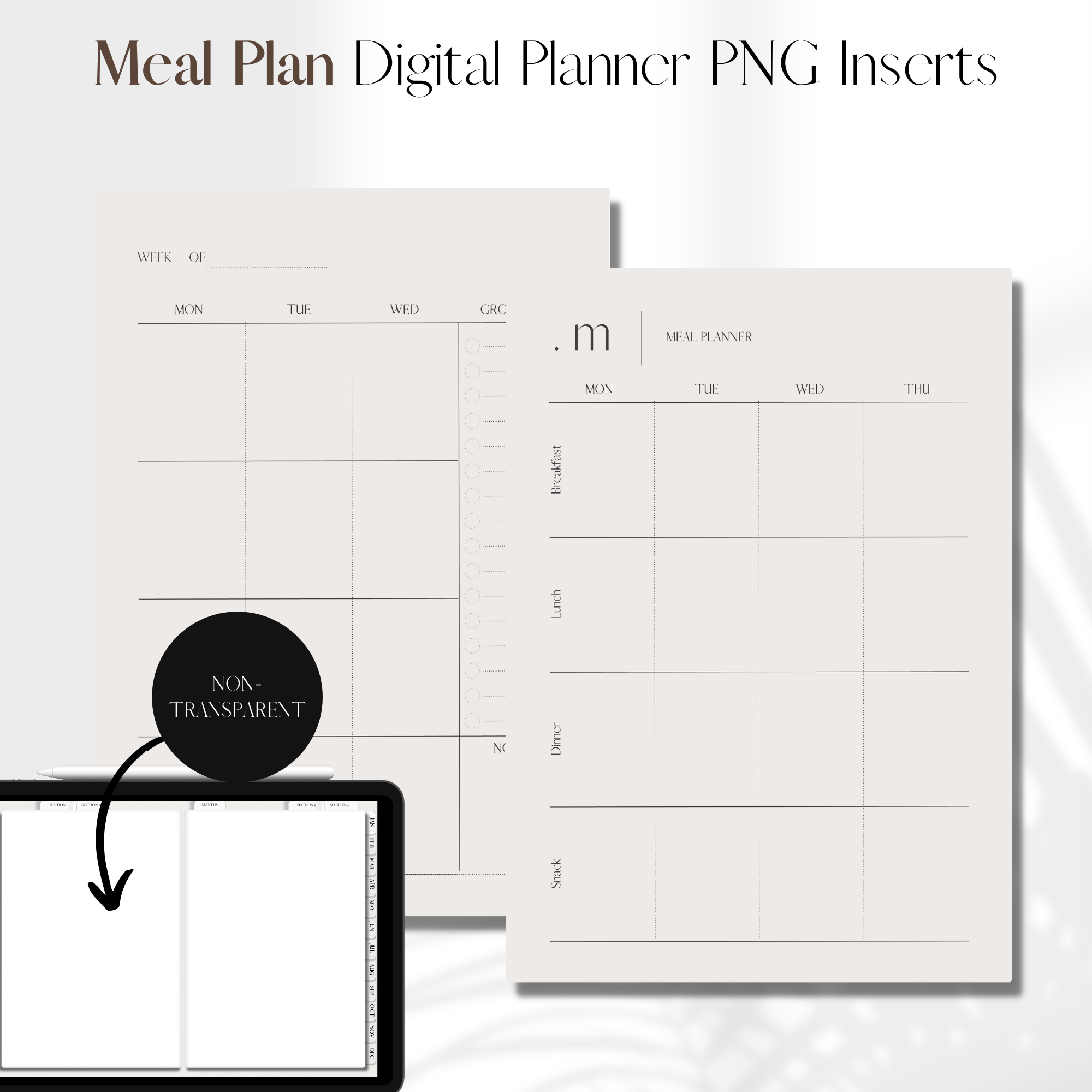 Meal Planner | Digital Planner PNG Inserts | Beige Non-Transparent ...