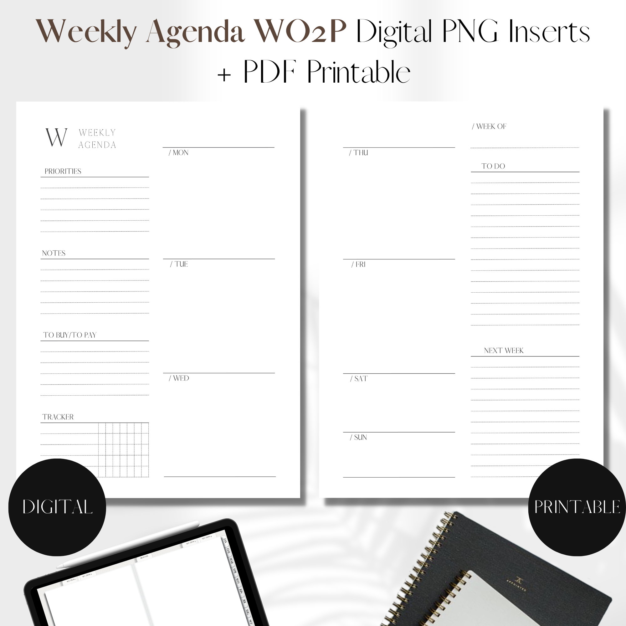 Weekly Agenda Week on 2 pages UNDATED | PNG Digital + PDF Printable ...