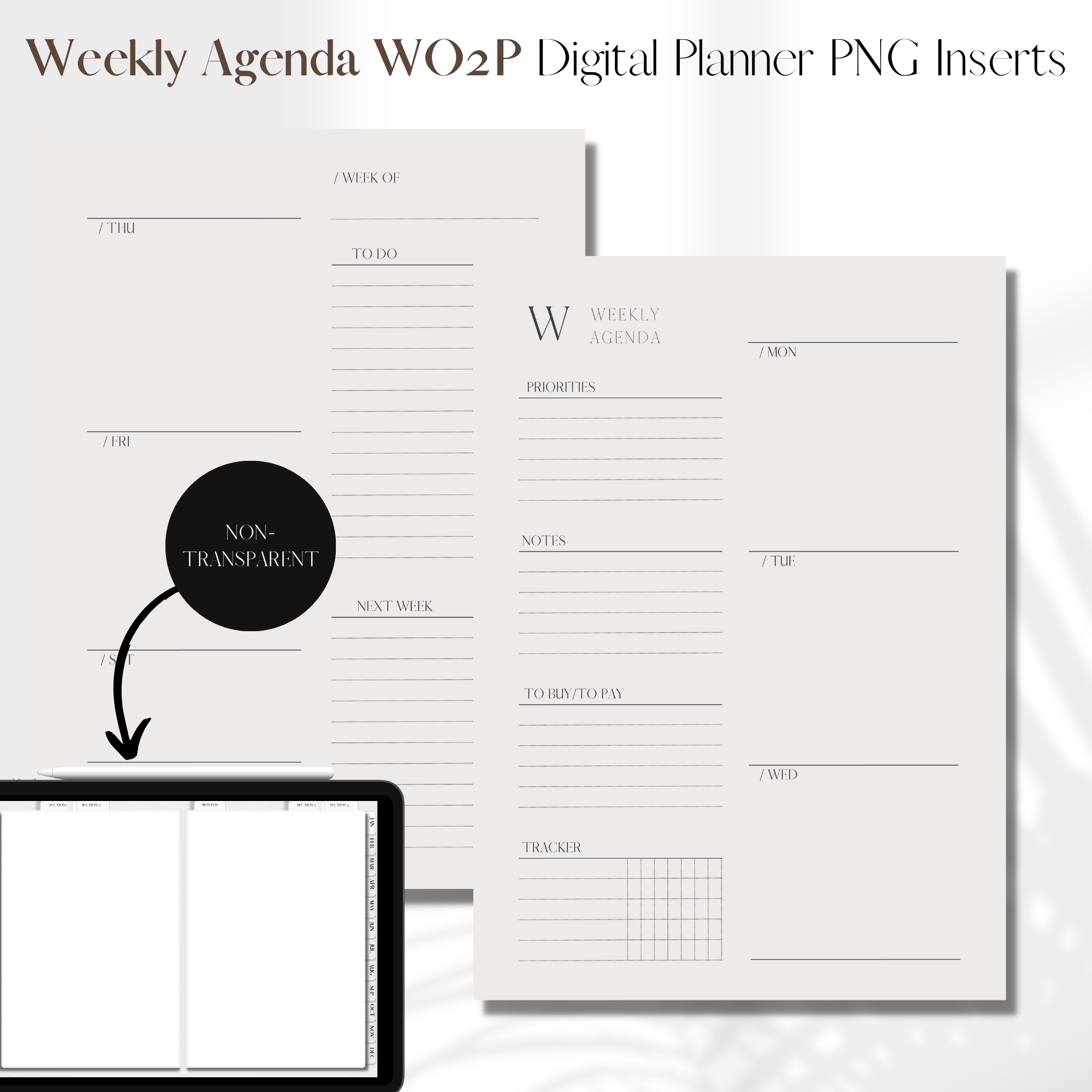 Weekly Agenda WO2P UNDATED | Digital Planner PNG Inserts | Beige Non ...