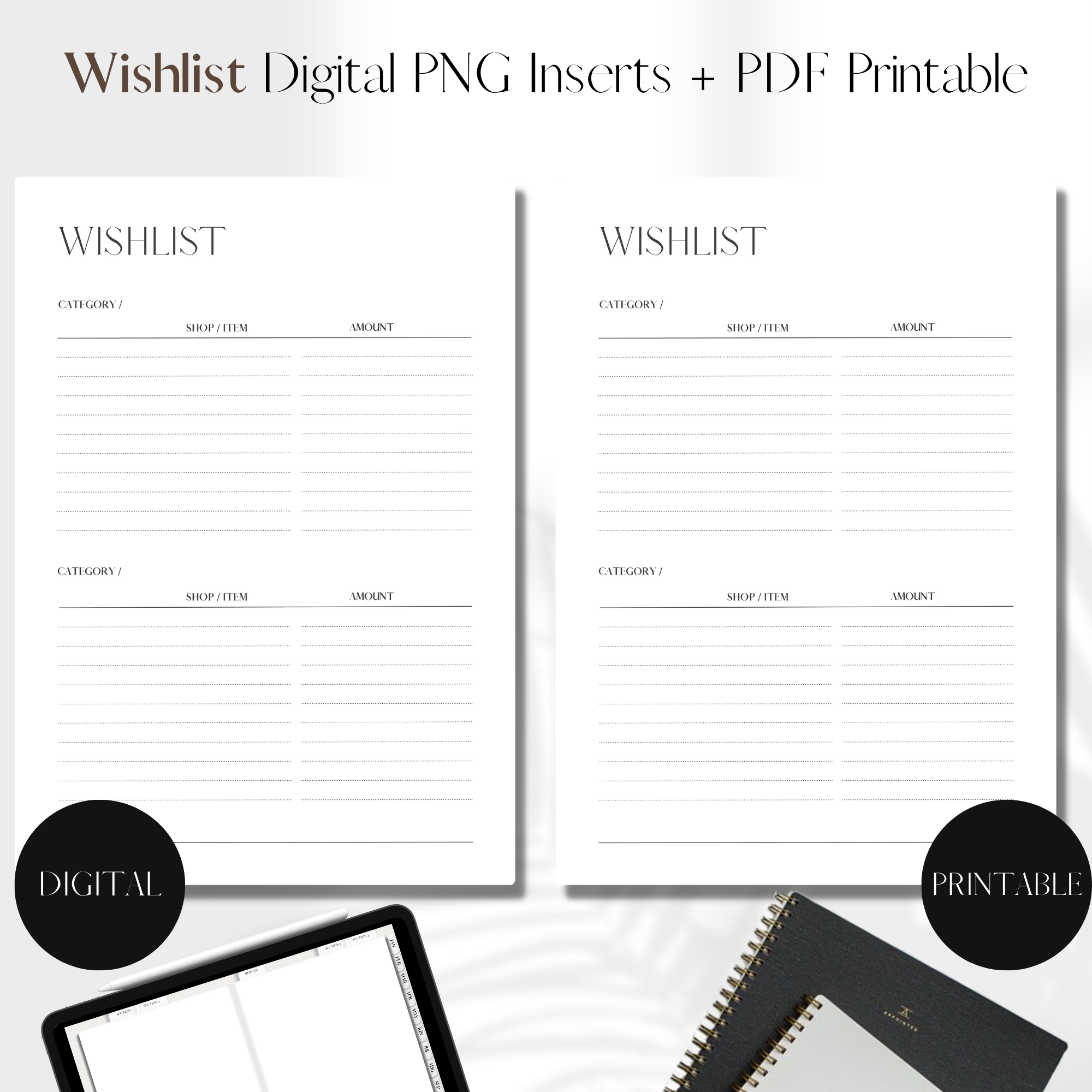 Wishlist UNDATED | PNG Digital + PDF Printable Planner Insert | Set ...