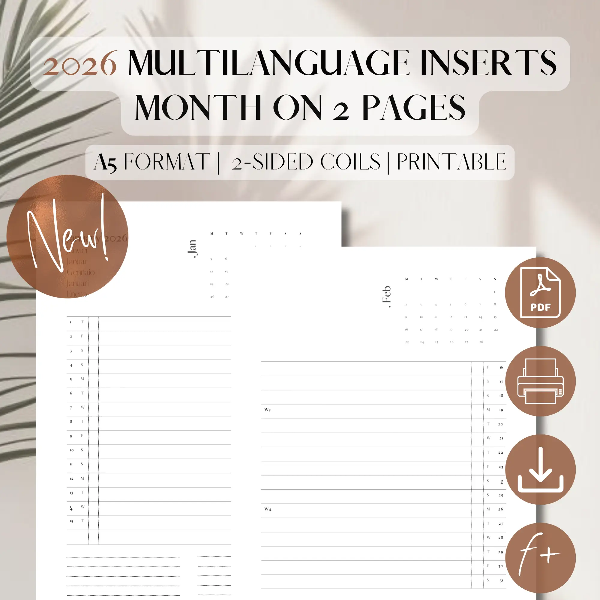 2026 Month On 2 Pages Multilanguage Planner Refills | PDF Printable ...