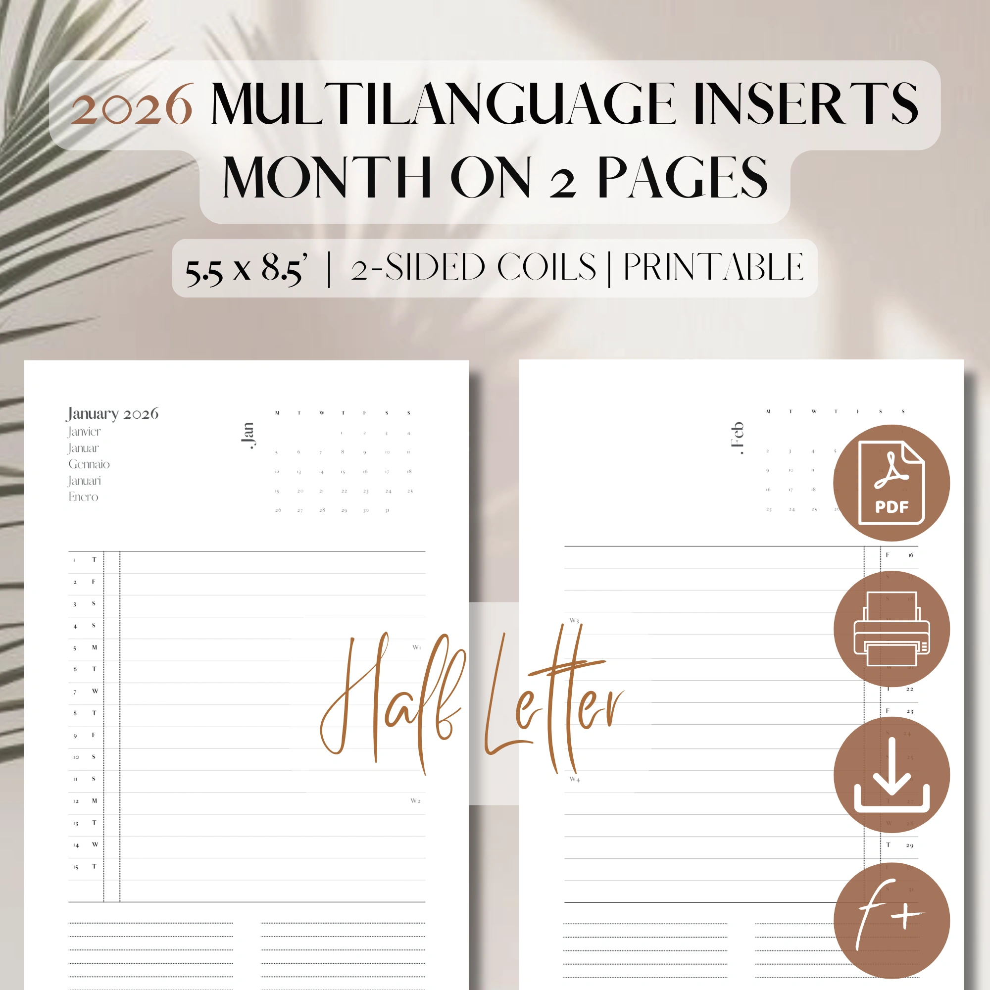 2026 Month On 2 Pages Multilanguage Planner Refills | PDF Printable ...
