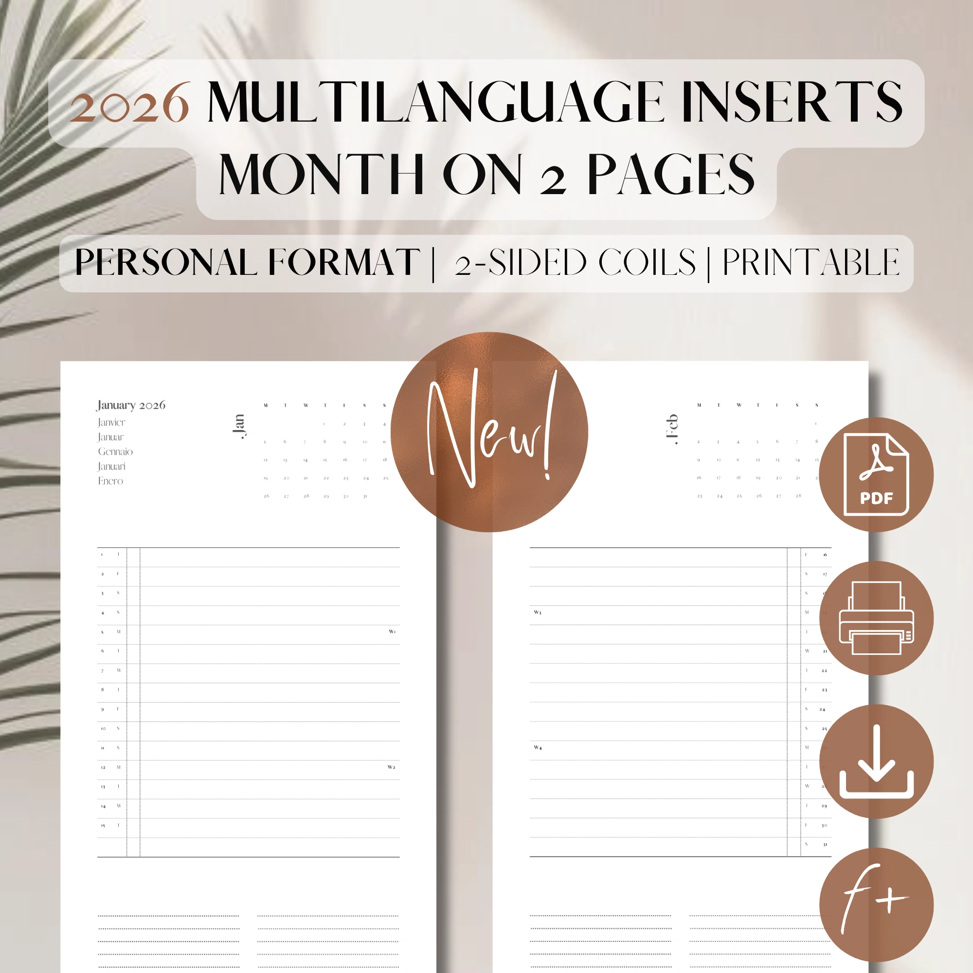 2026 Month On 2 Pages Multilanguage Planner Refills | PDF Printable ...
