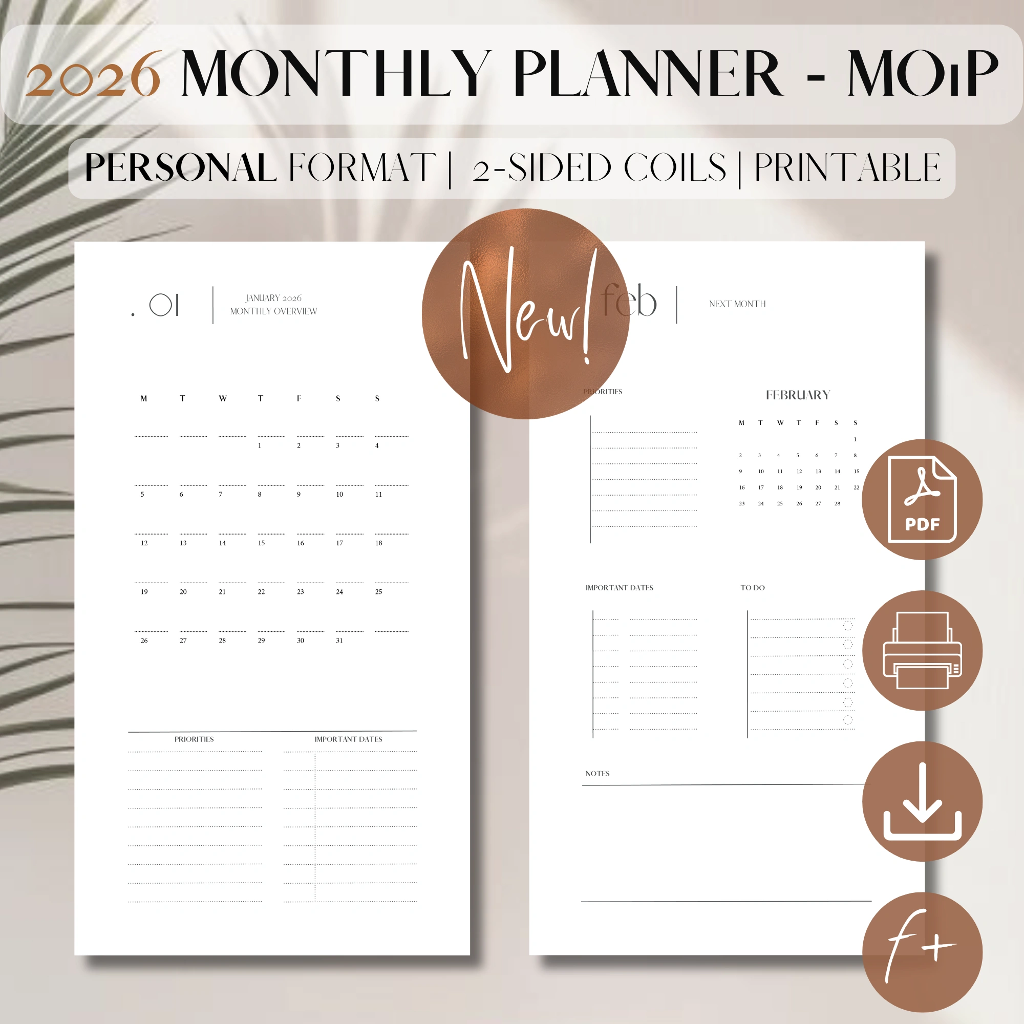 2026 Monthly Planner Printable DATED | Month On 1 Page | PDF Printable ...