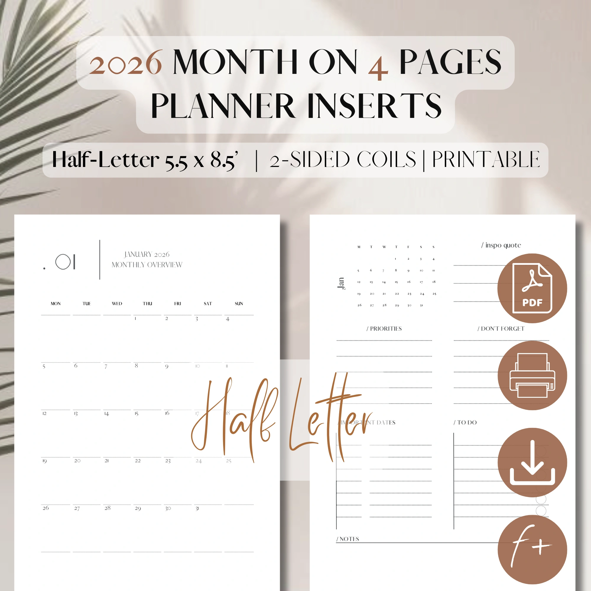 2026 Monthly Planner Printable DATED | Month On 4 Pages | PDF Printable ...